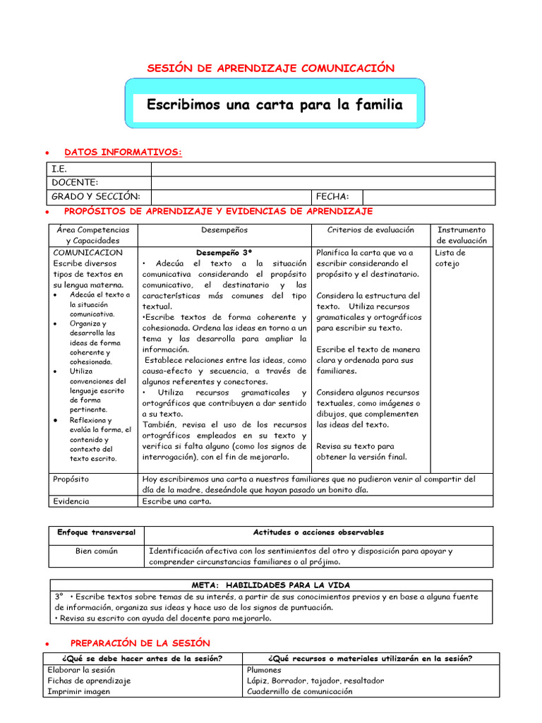 sesion - ESCRIBE UNA CARTA | PDF | Evaluación | Comunicación