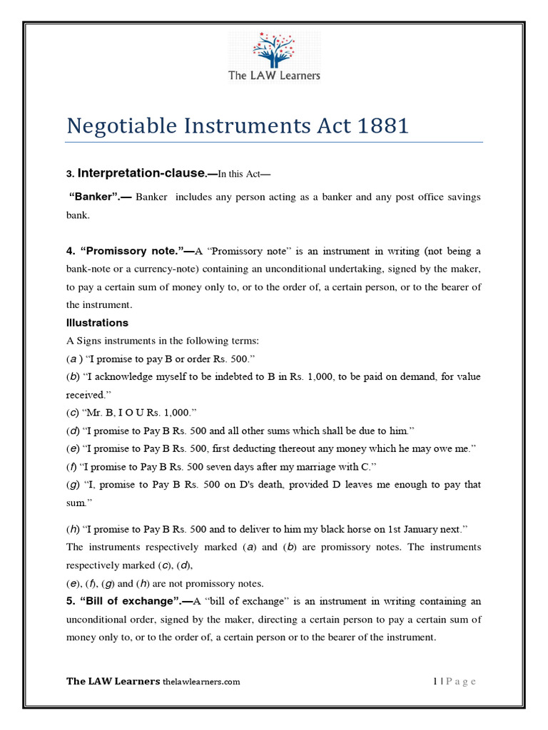 Module 1 Bare Provisions NI Act | PDF | Negotiable Instrument | Cheque