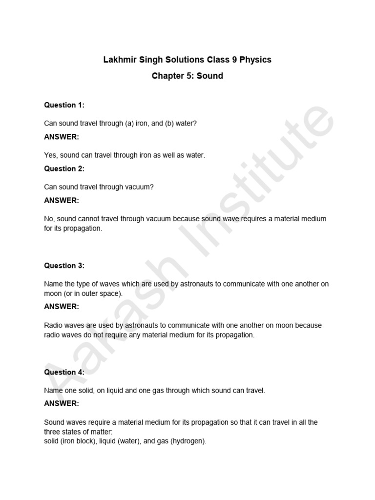Lakhmir Singh Solutions Class 9 Physics Chapter 5 Sound | PDF | Waves | Frequency