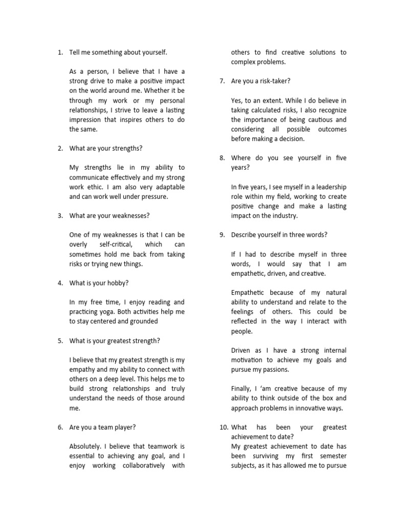 Expected Questions For Interview Oral Exam | PDF | Motivation ...