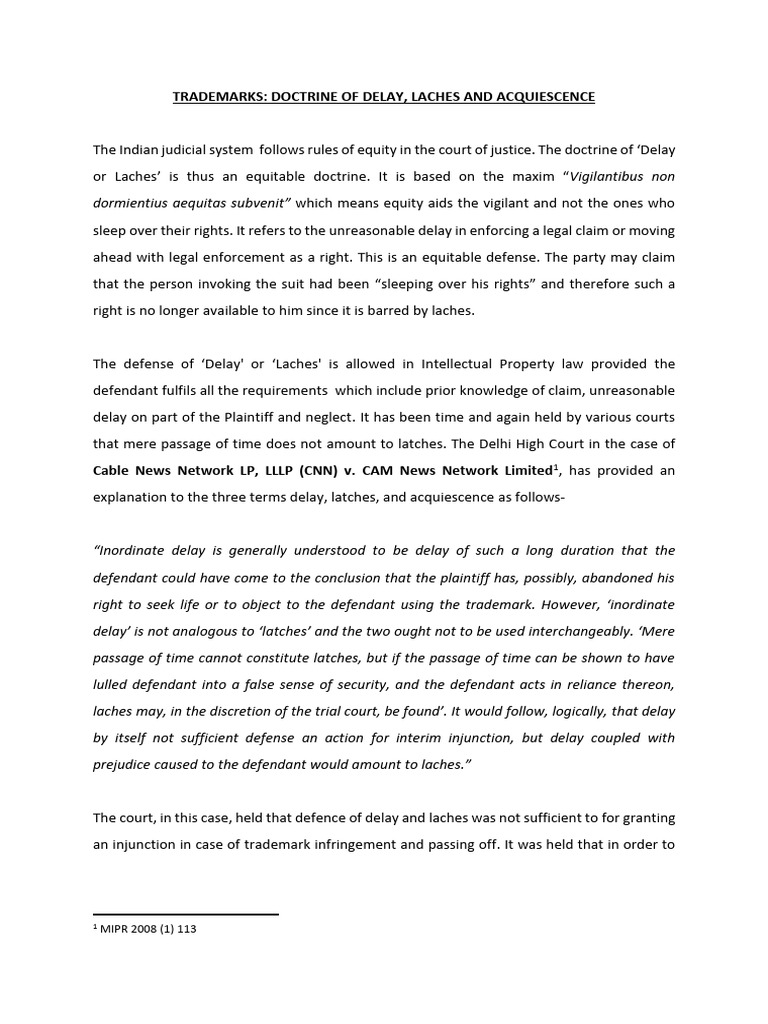 Trademarks: Doctrine of Delay, Laches and Acquiescence: MIPR 2008 (1 ...