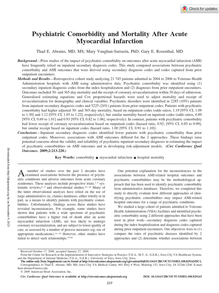 Abrams Et Al 2009 Psychiatric Comorbidity and Mortality After Acute Myocardial Infarction | PDF ...