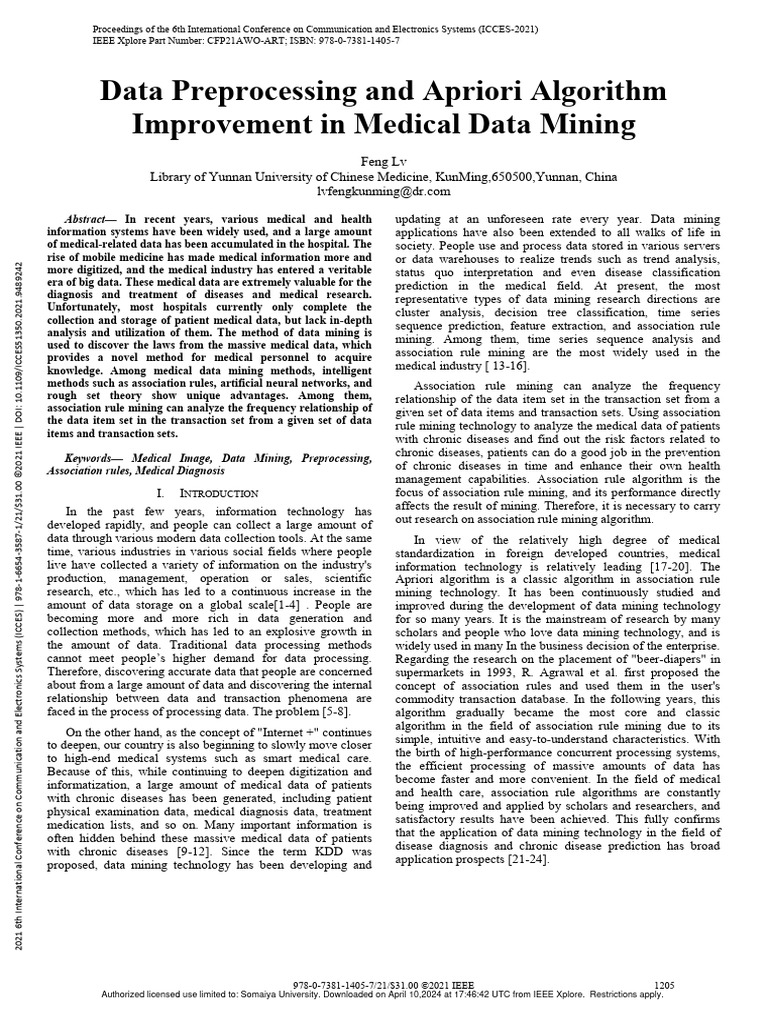 Data Preprocessing and Apriori Algorithm Improvement in Medical Data Mining | PDF | Statistical ...