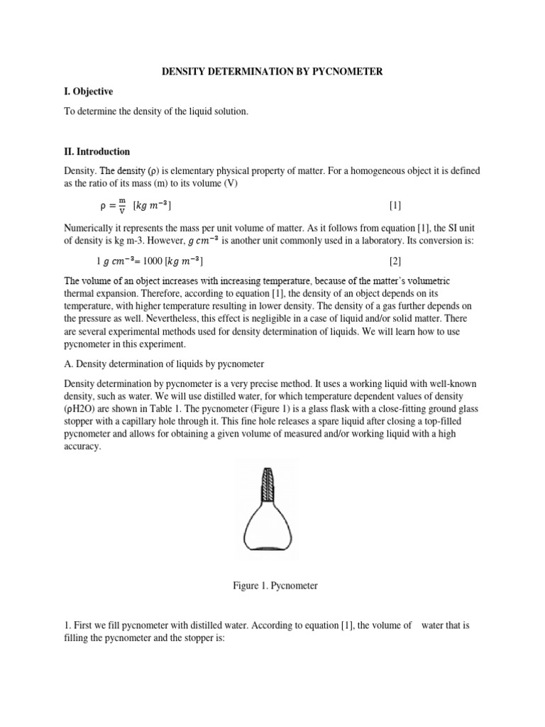 Expt 1a Density Determination Using A Pycnometer Pdf Density Liquids