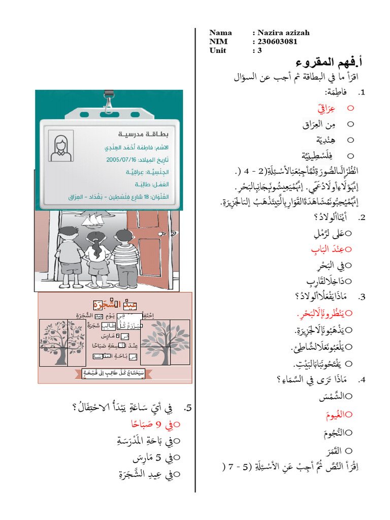 UTS Bahasa Arab Nazira Azizah Unit 3 | PDF