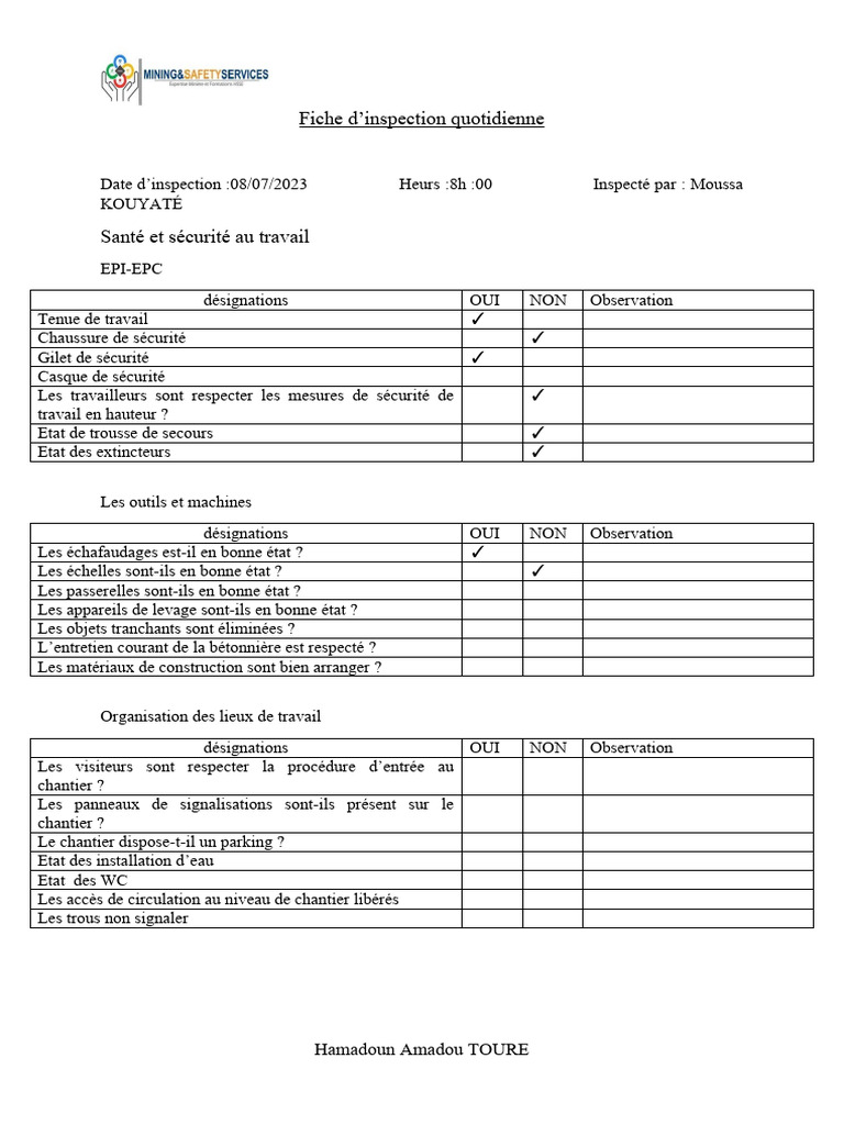 Fiche d'Inspection Quotidienne EPI | PDF