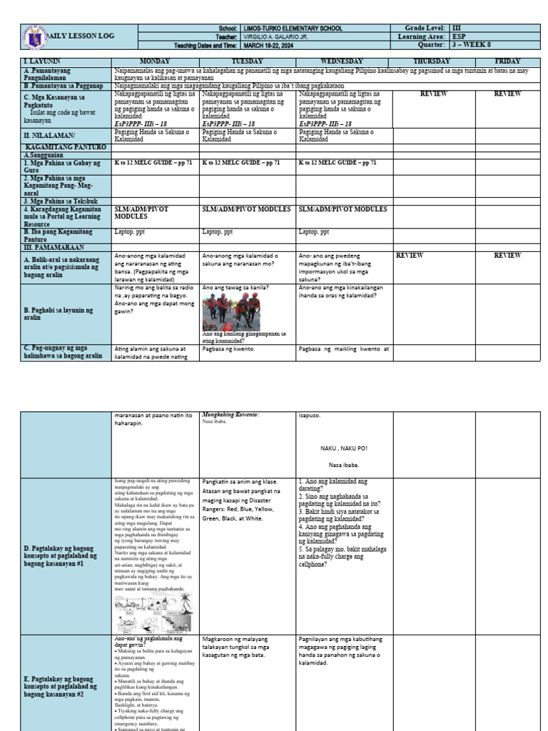 Daily Lesson Log Grade Level: III Learning Area: ESP Quarter: 3 - WEEK ...