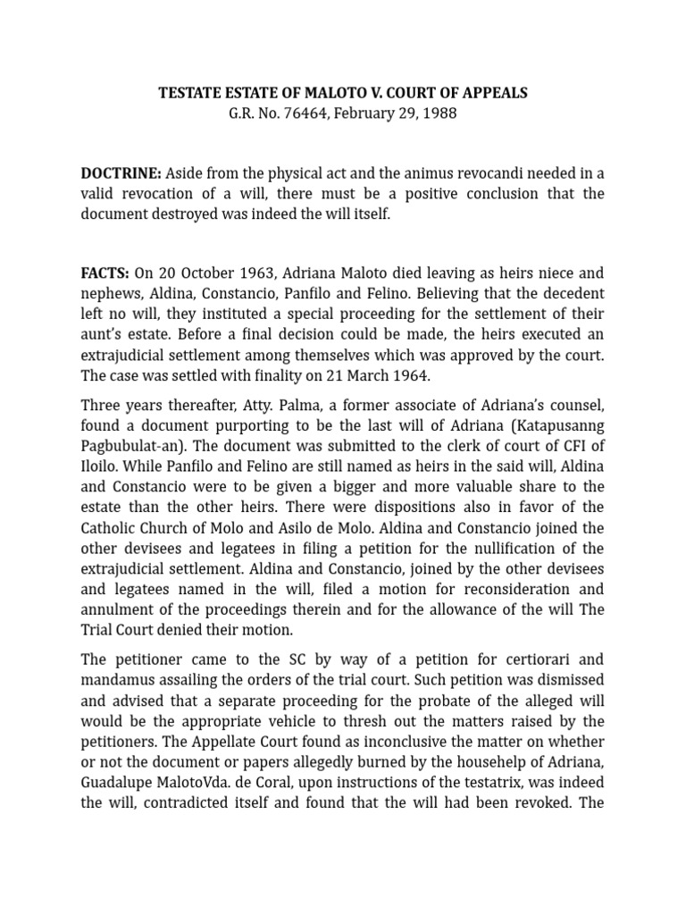 Testate Estate of Maloto v. Court of Appeals | PDF | Will And Testament ...