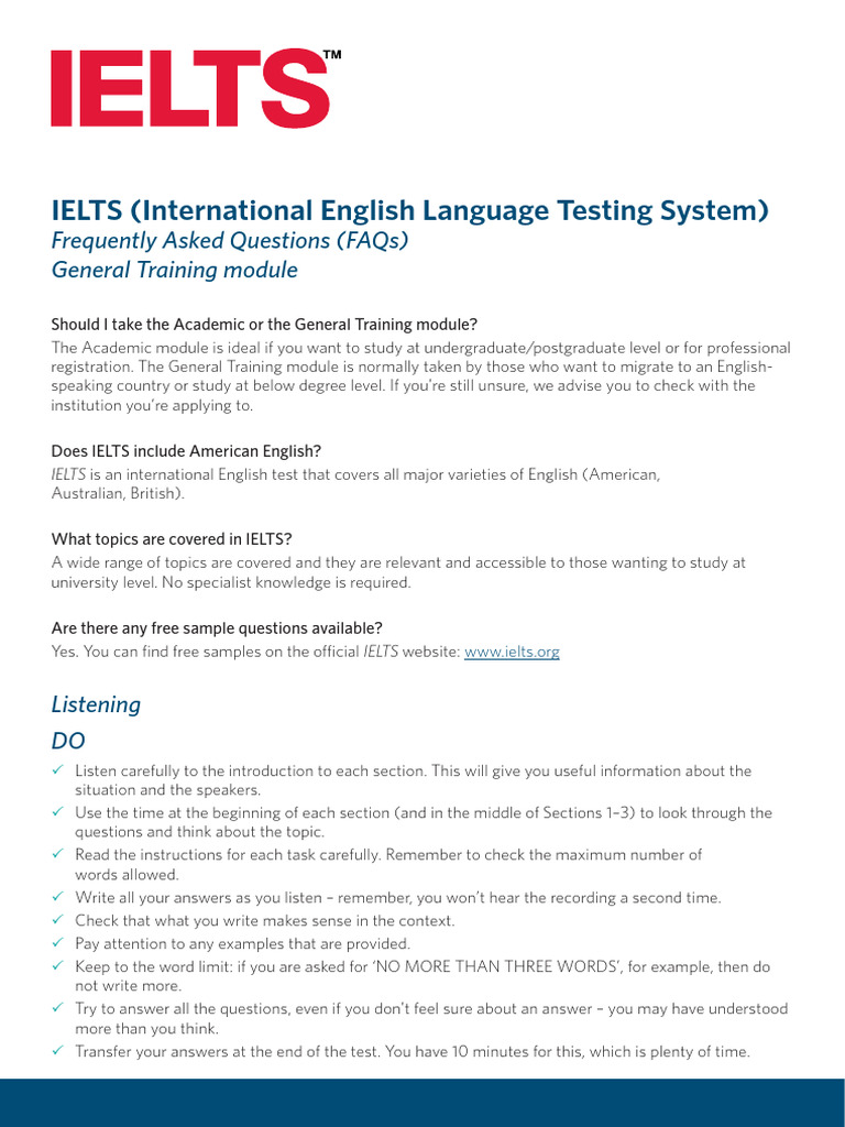 IELTS General Training FAQs | PDF | International English Language ...