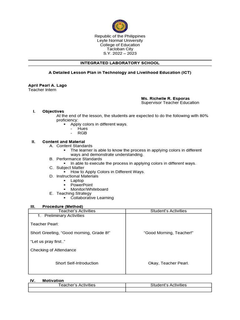 G8 - Lago, April Pearl - Detailed Lesson Plan - How To Apply Colors in ...