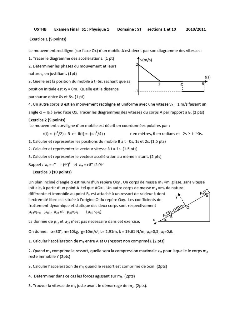 Examen Physique 1: Mouvements et Forces | PDF | Accélération | Vitesse