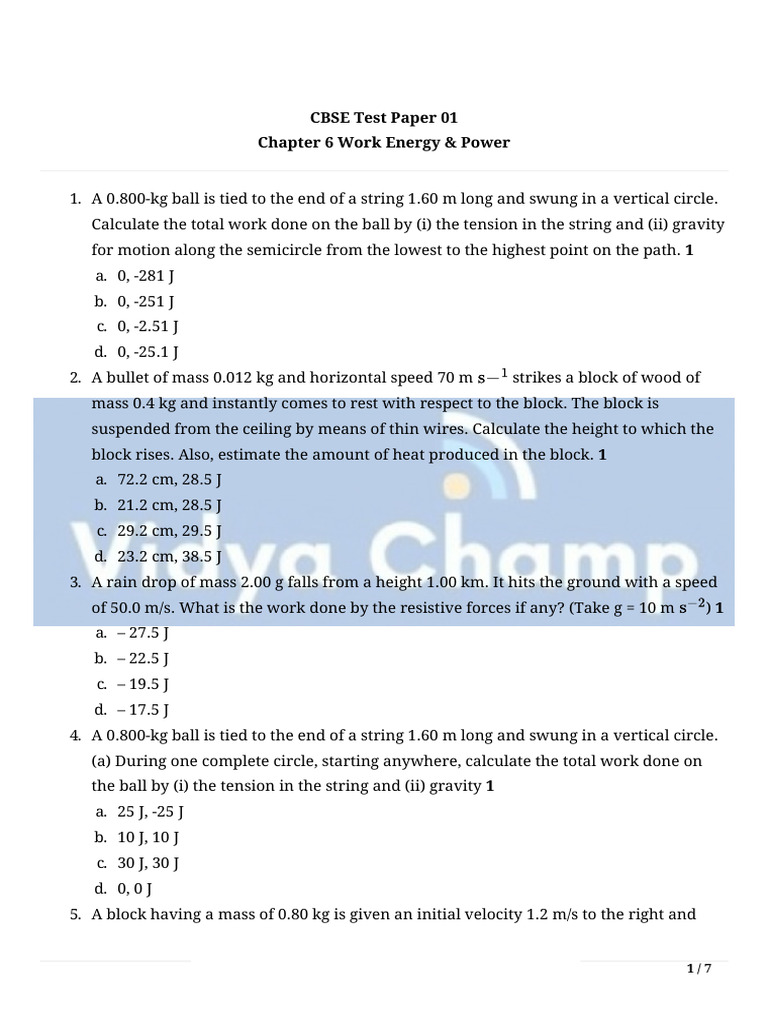 CBSE Test Paper 01 Chapter 6 Work Energy & Power | PDF | Gases | Momentum