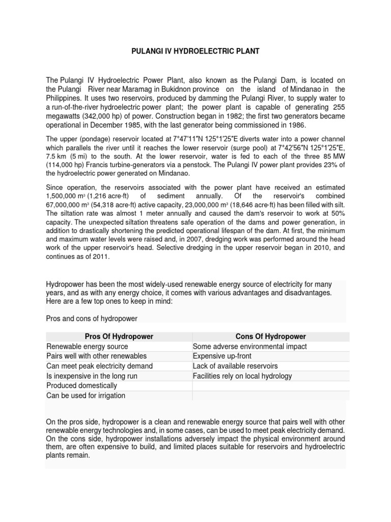 Pulangi IV Hydroelectric Plant | PDF | Hydroelectricity | Energy ...