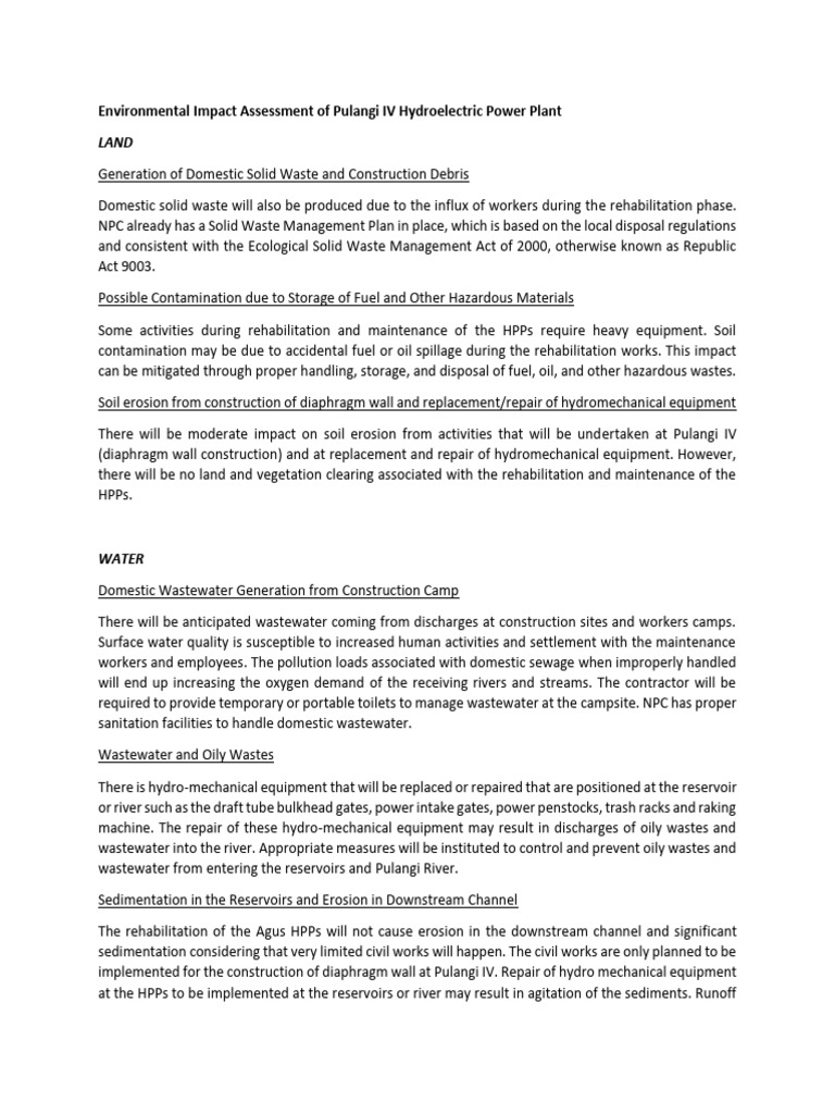 Pulangi IV Hydroelectric EIA Summary | PDF | Waste | Hydroelectricity