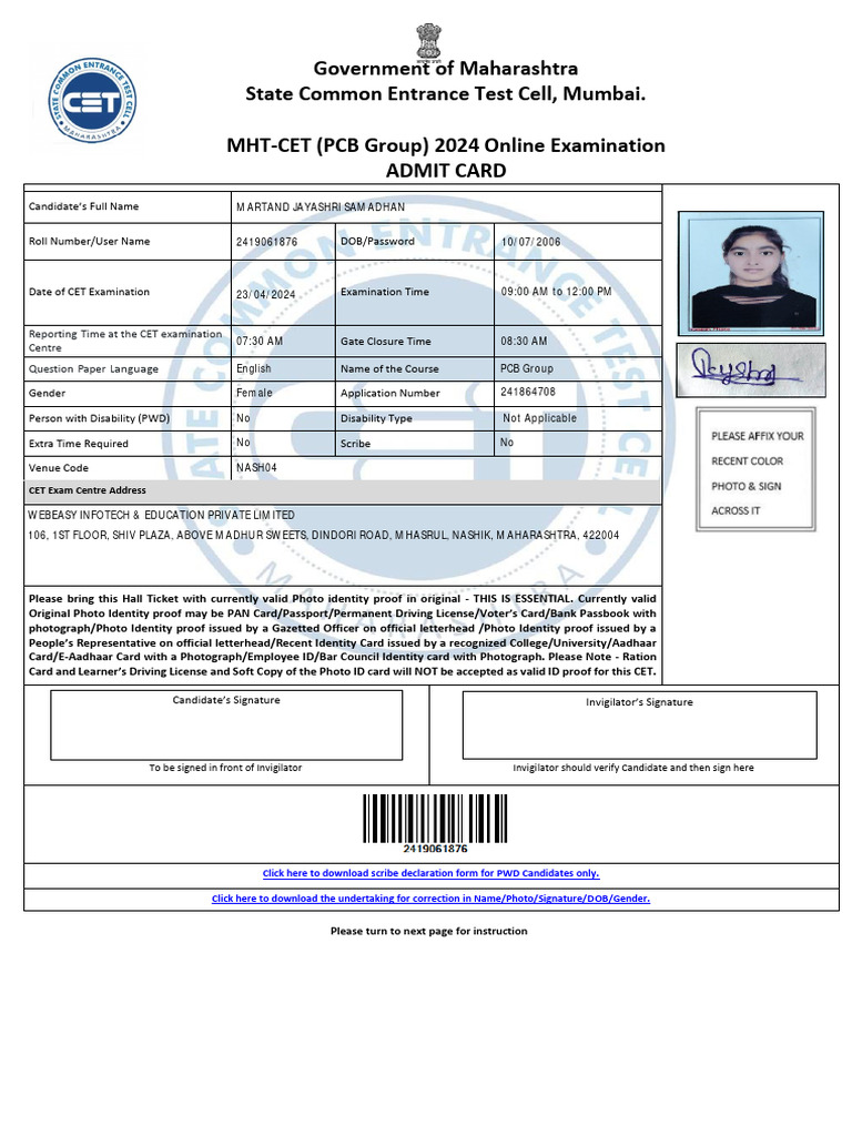 Government of Maharashtra State Common Entrance Test Cell, Mumbai. MHT ...