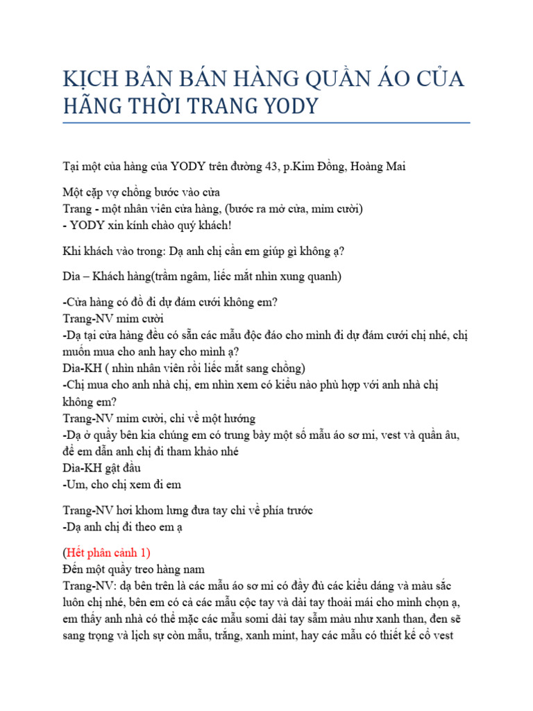 KỊCH BẢN BÁN HÀNG QUẦN ÁO CỦA HÃNG THỜI TRANG YODY | PDF