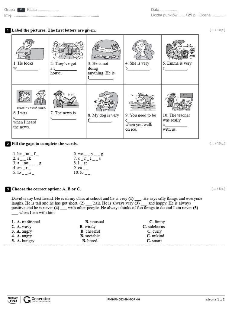 Unit 2 Short Test A VOCABULARY 2 Test - Ekowydruk | PDF