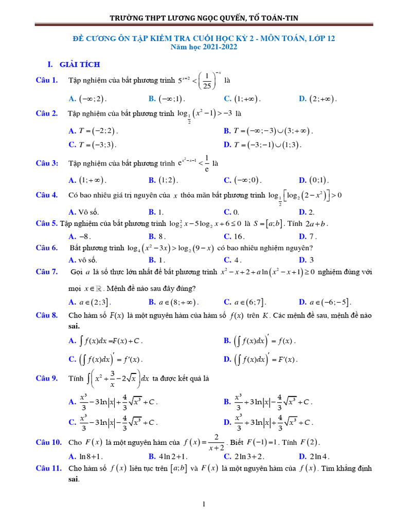 De Cuong Hoc Ky 2 Toan 12 Nam 2021 2022 Truong Luong Ngoc Quyen Thai Nguyen | PDF