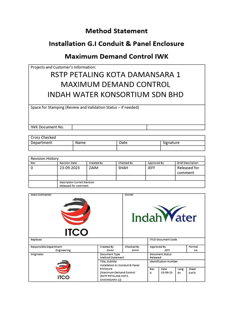 Method of Statement (MOS) - MOS G.I Conduit & Panel Enclosure Installation | PDF | Safety ...