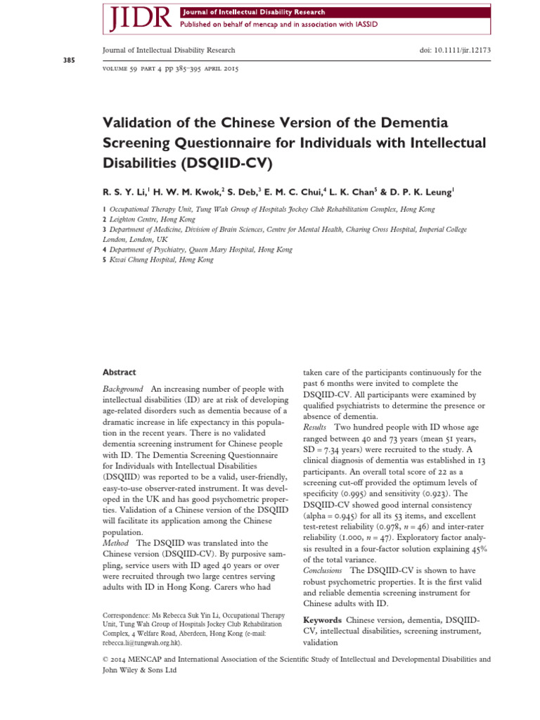 Li 2014 | PDF | Dementia | Intellectual Disability