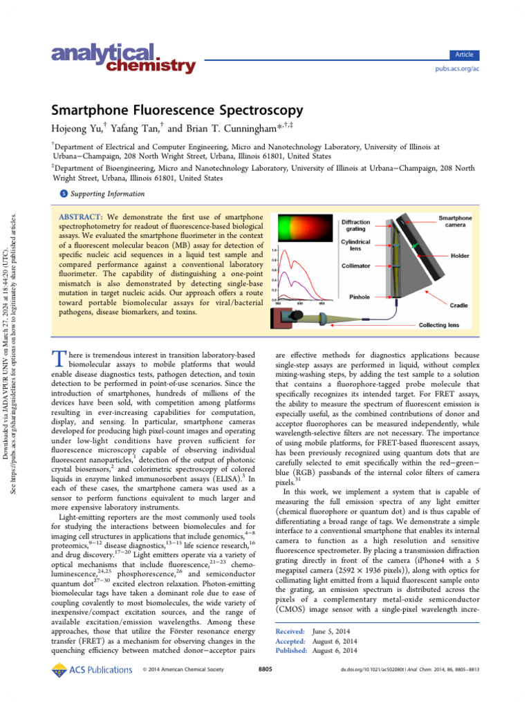 Yu Et Al 2014 Smartphone Fluorescence Spectros Pdf Optics Diffraction