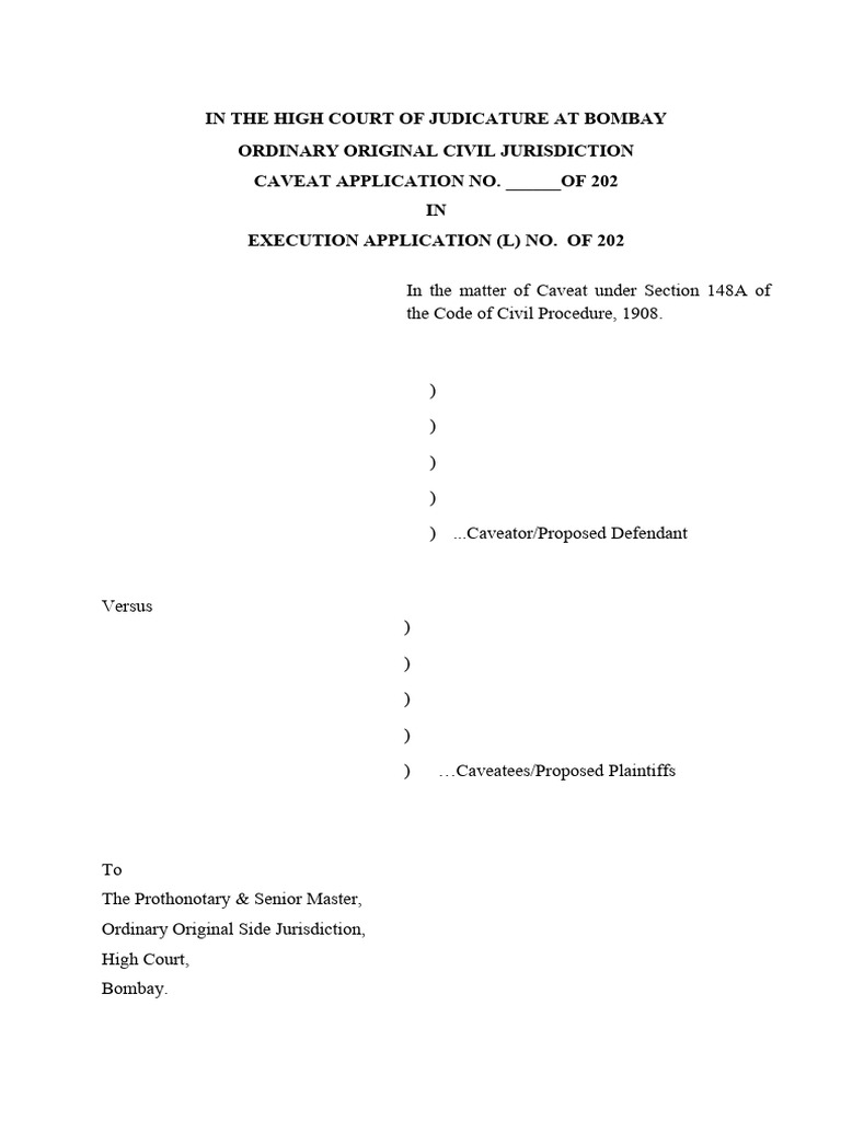 Caveat Application in Bombay High Court | PDF | Plaintiff | Legal Procedure
