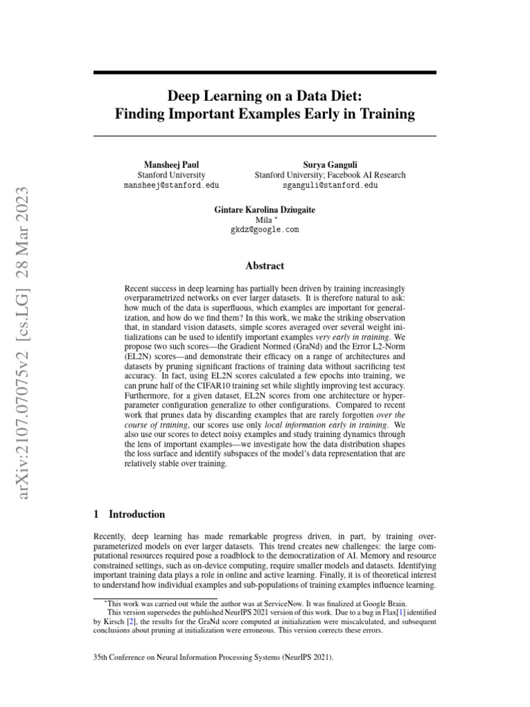 Deep Learning on a Data Diet- Finding Important Examples Early in Training | PDF | Artificial ...