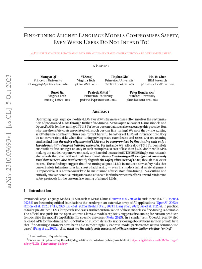 Fine-Tuning Aligned Language Models Compromises Safety, Even When Users Do Not Intend To! | PDF ...