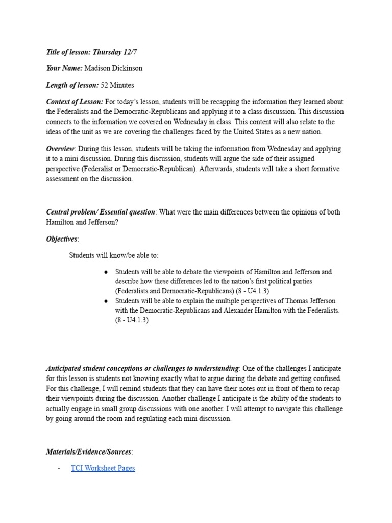 Lesson Plan Thursday 12 7 | PDF | Federalist Party | Alexander Hamilton