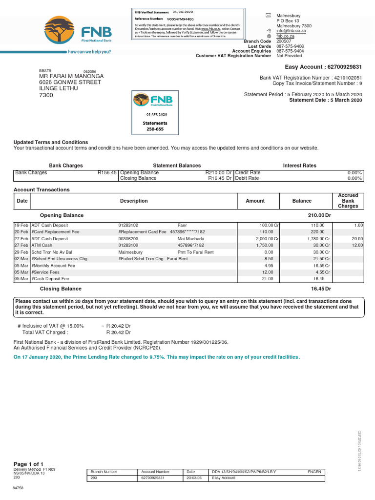 FNB Account Statement March 2020 | PDF | Banks | Fee