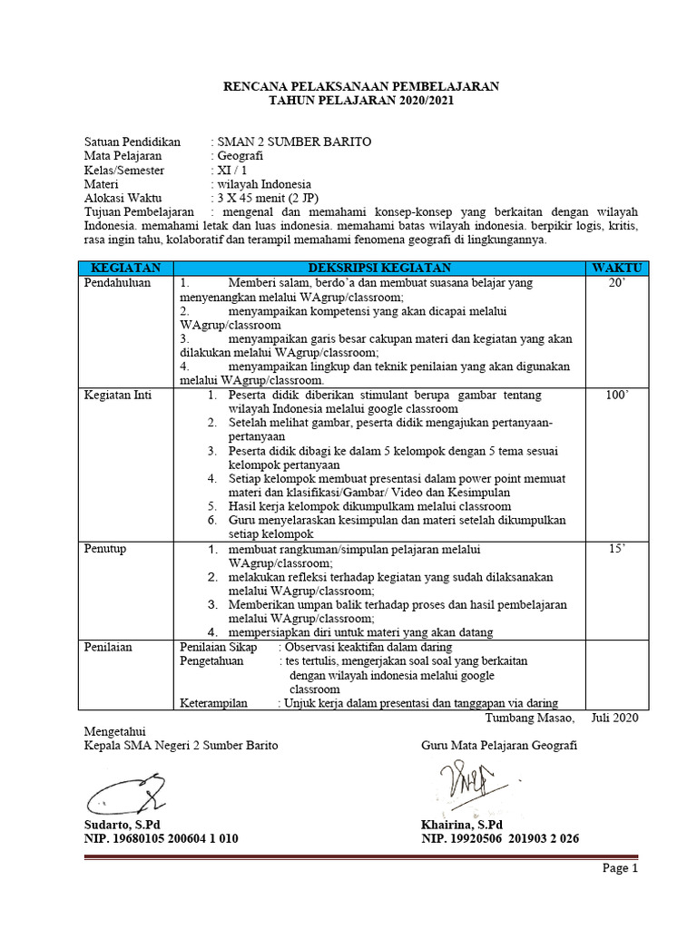 RPP Geo Kelas Xi Semester 1 THN 2020-2021 | PDF