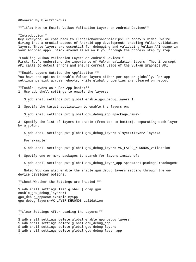 Enabling Vulkan Validation Layers Pdf Android Operating System Mobile App 