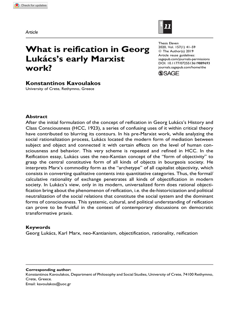What Is Reification in Georg Luka ́cs's Early Marxist Work? | PDF ...