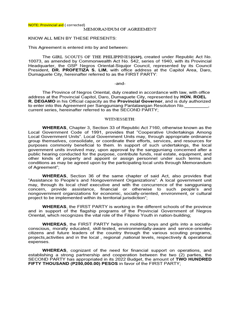 Memorandum of Agreement Province Aid Project Proposal | PDF | Justice ...