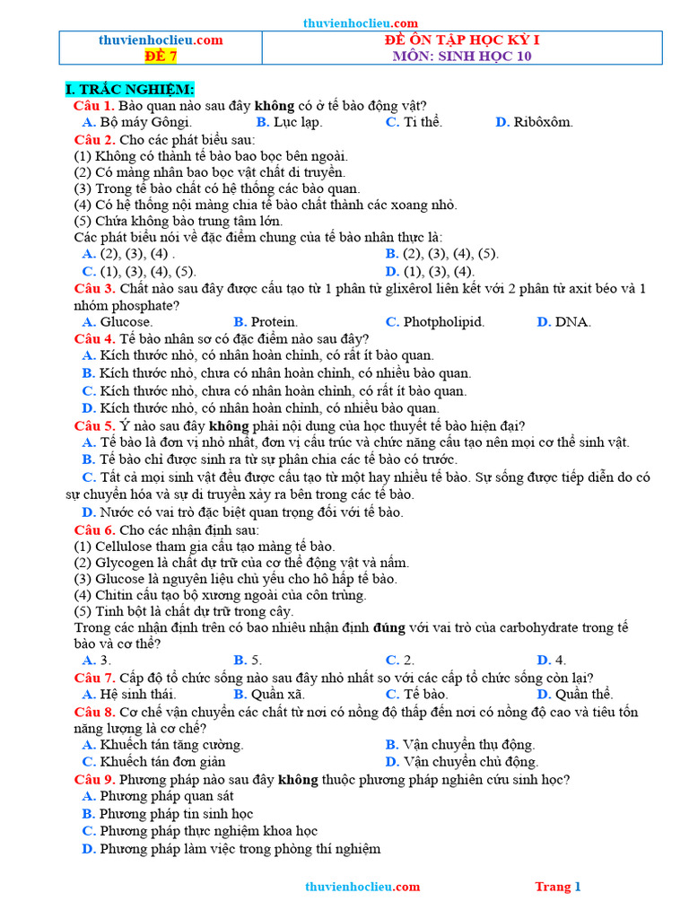 De On Tap HK1 SINH 10 KNTT de 7 | PDF