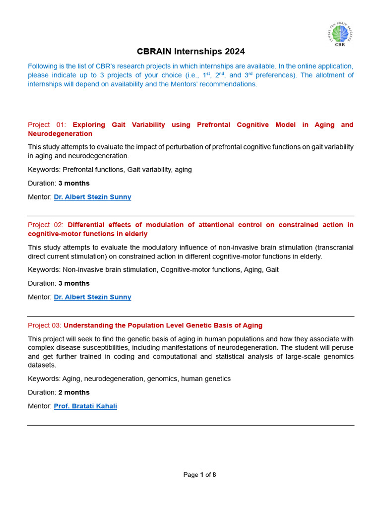 CBRAIN-Internships-2024_Available-projects | PDF | Dementia | Mitochondrion
