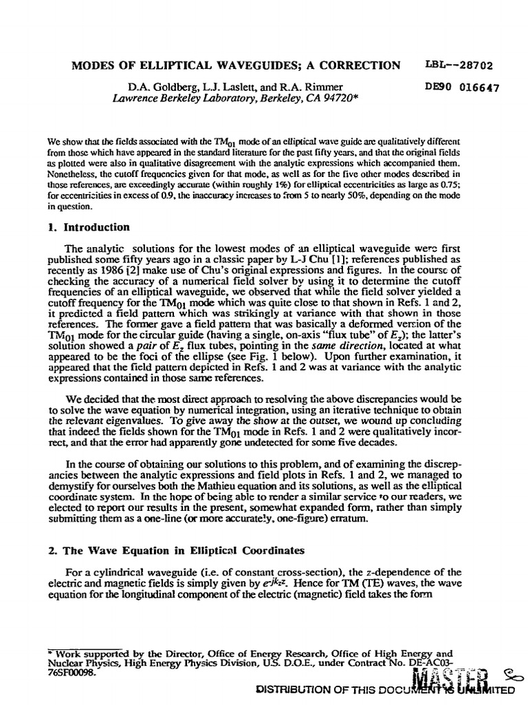 Lawrence Berkeley Laboratory, Berkeley, CA 94720 : Modes of Elliptical ...