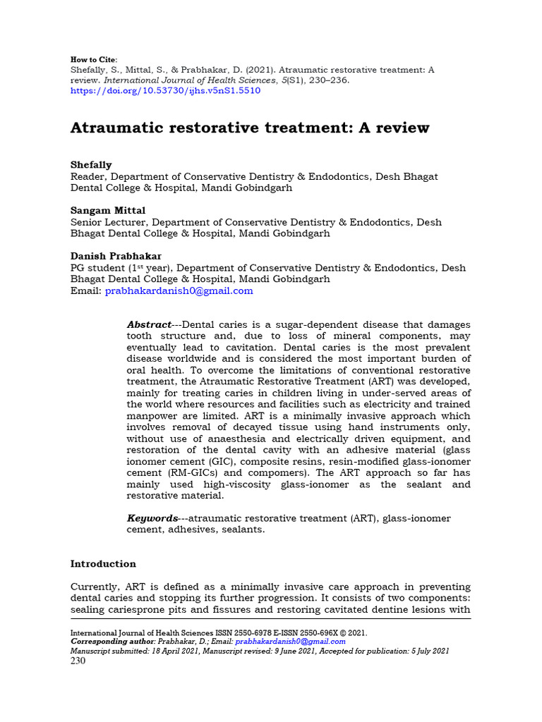 Atraumatic Restorative Treatment: A Review: Shefally | PDF | Dentistry ...