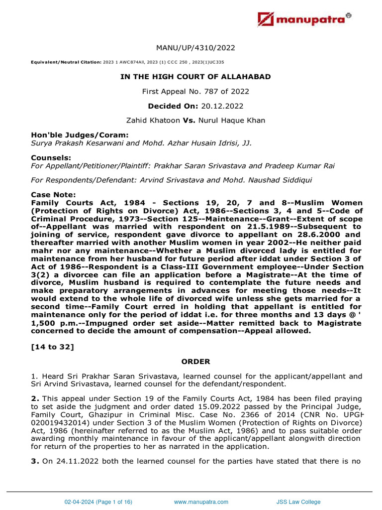 Zahid Khatoon Vs Nurul Haque Khan 20122022 ...