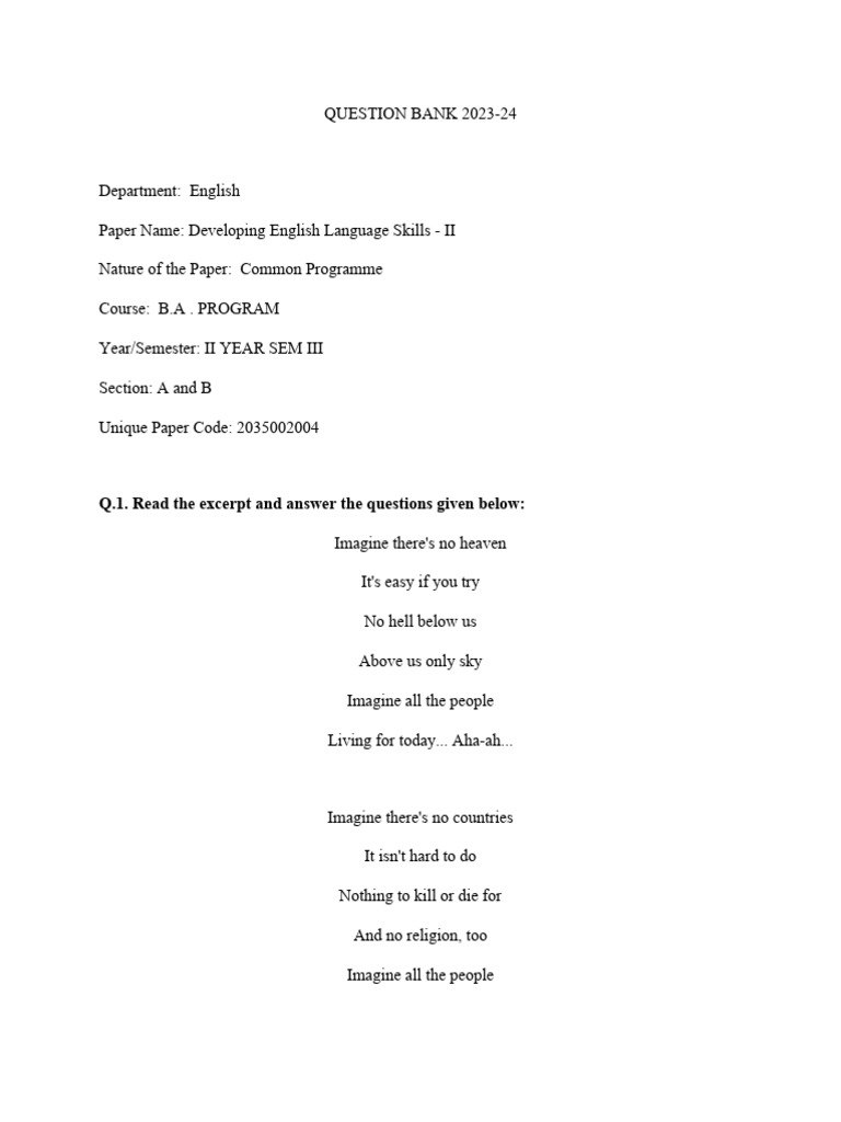 Question Bank 2023-24 Dels 2 (1) | PDF | Epidemics | Infection