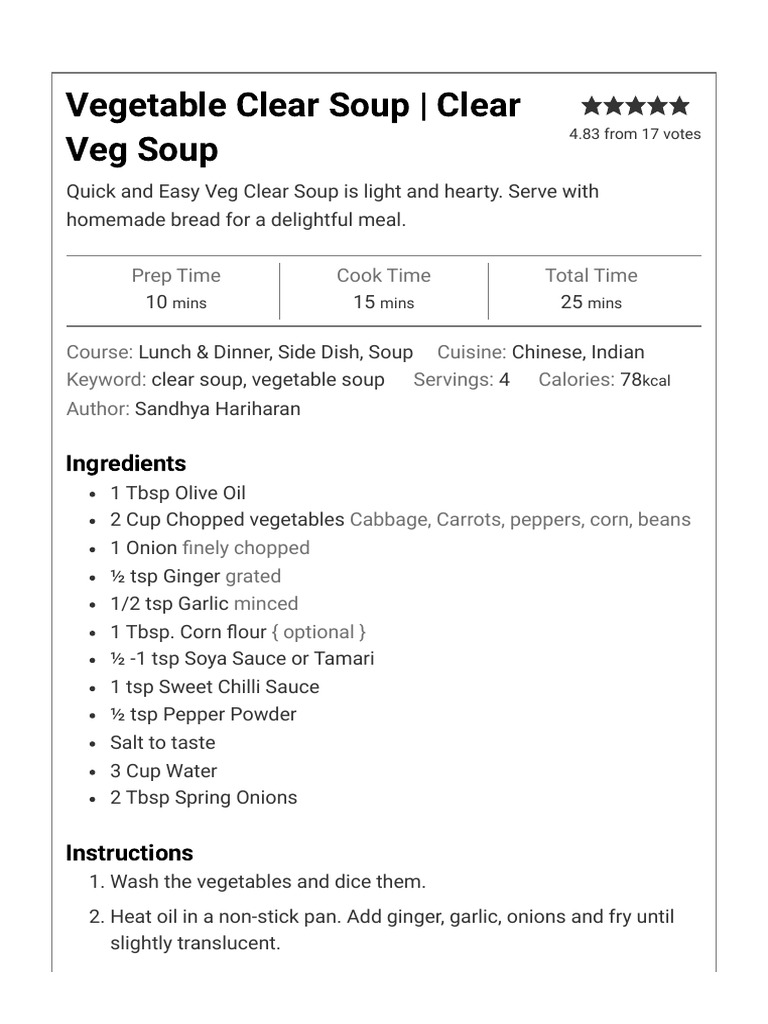 Vegetable Clear Soup - Clear Veg Soup - Sandhya's Kitchen | PDF