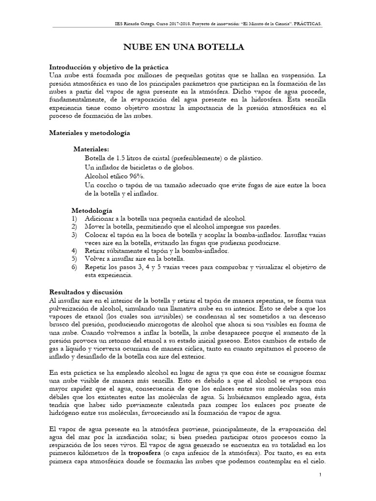 Nube en una botella: experimento fácil | PDF | Vapor de agua | Agua