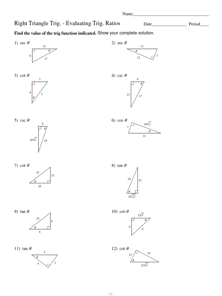 Right-Triangle-Trig-Evaluating-Ratios-Grade-9 | PDF | Trigonometry ...
