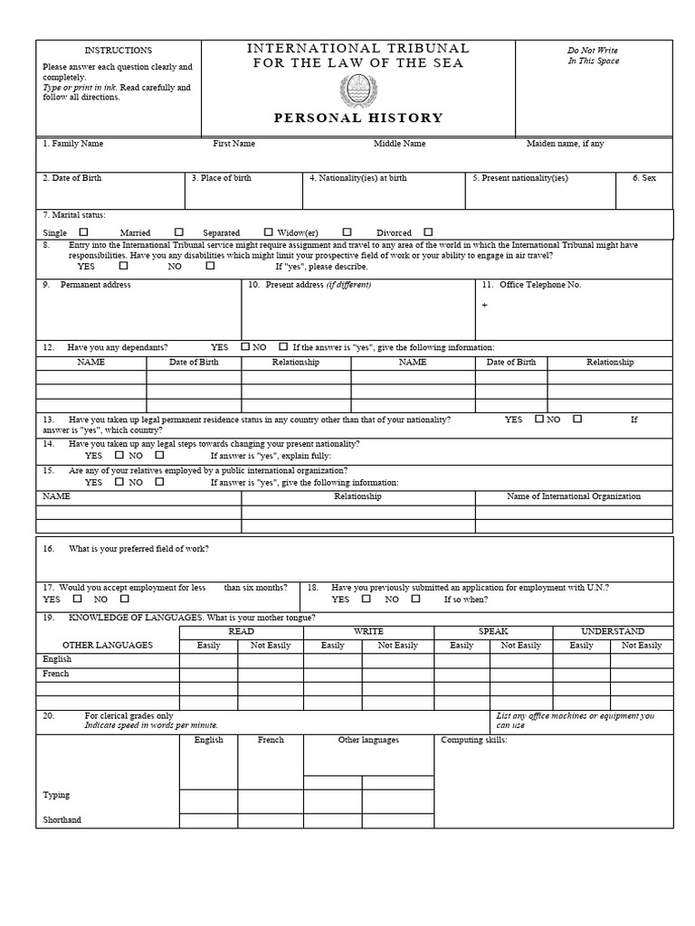 P.11 Personal History Form ITLOS EN | PDF | Employment | Salary
