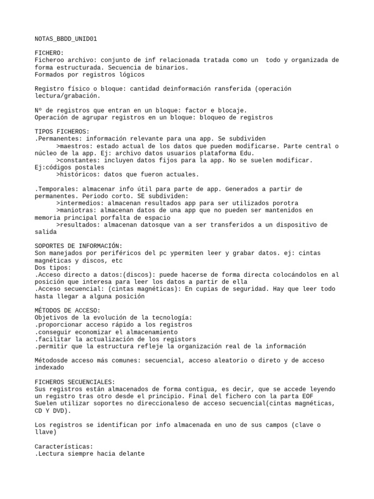 Notas BBDD Unid01 | PDF | Bases de datos | Archivo de computadora