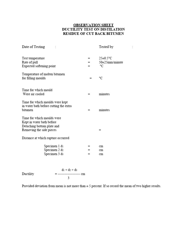 Ductility Test On Distilation Observation Sheet | PDF
