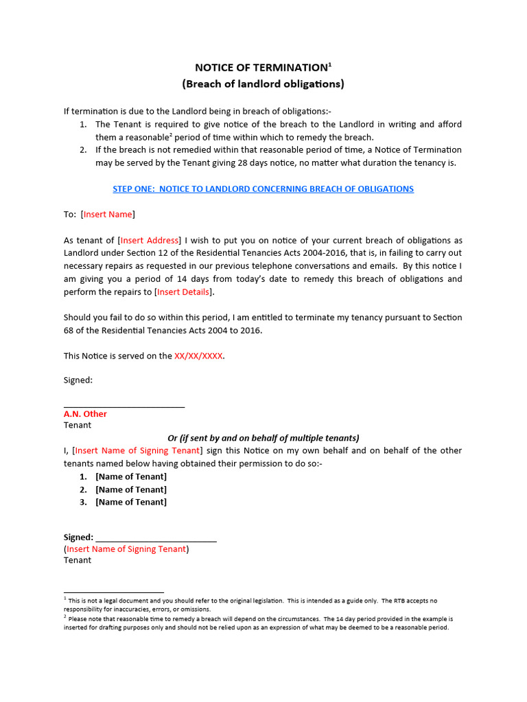 Sample Notice of Termination - Tenant - Breach of Obligations | PDF ...