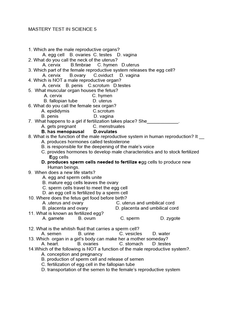Science 5 Reproductive System Mastery Test | PDF | Reproductive System ...