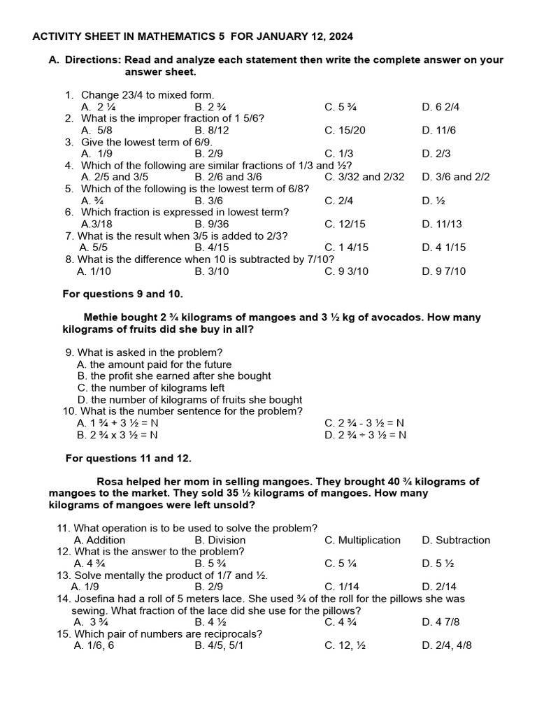 Activity Sheet In Mathematics 5 Pdf Arithmetic Mathematics