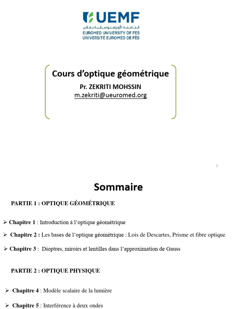 Cours d'Optique Géométrique et Physique | PDF | Réfraction | Indice de ...